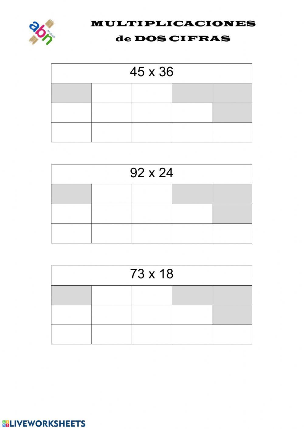 Multiplicaciones de dos cifras exercise | Live Worksheets