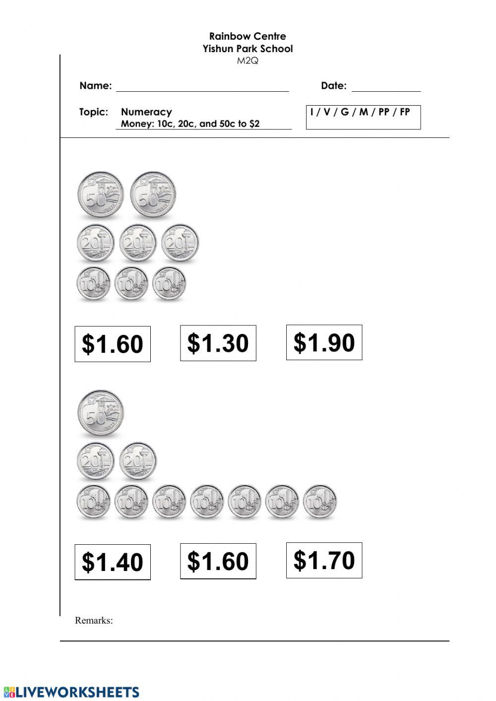 Money Click Worksheet - 10c, 20c, and 50c to -2 R