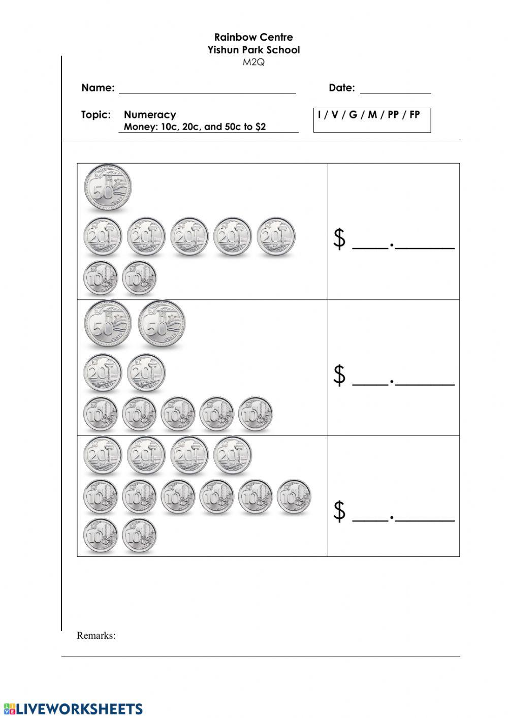 Money Type Worksheet - 10c, 20c, and 50c to -2 R 161384