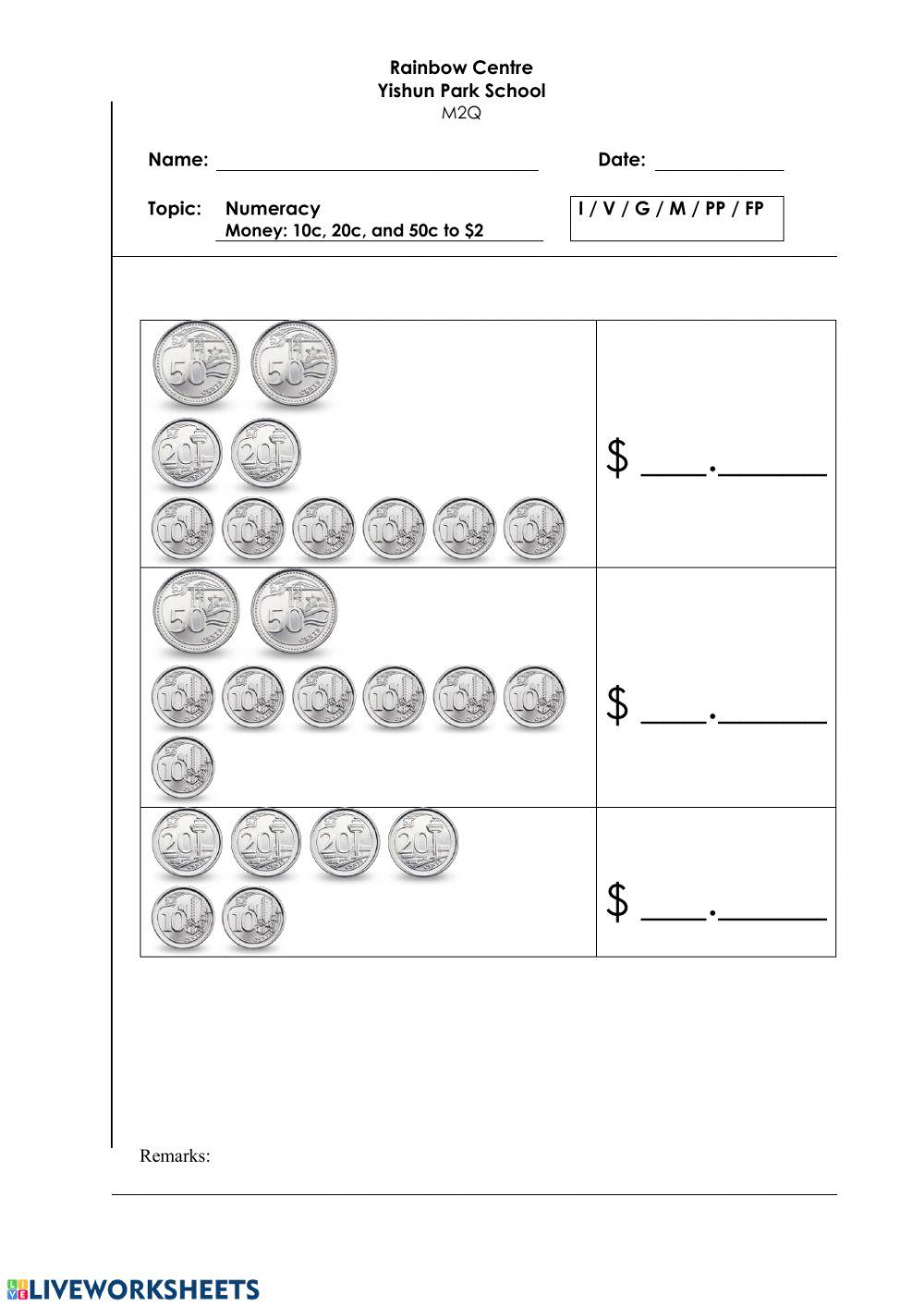 Money Type Worksheet - 10c, 20c, and 50c to -2 R 161384