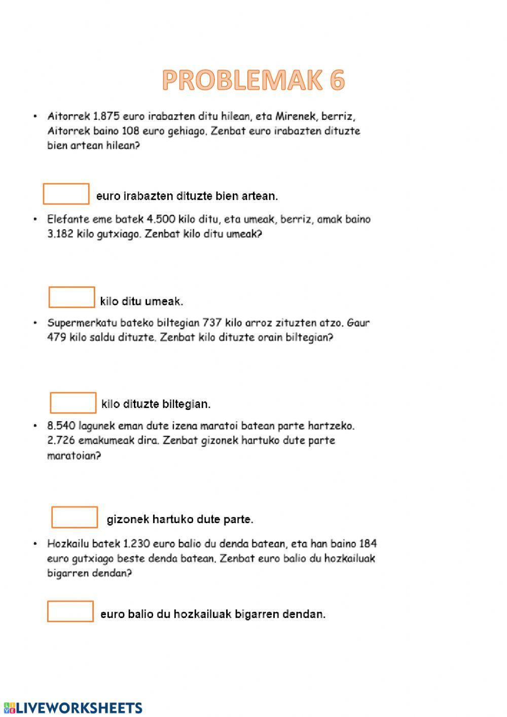 Problemak | Free Interactive Worksheets | 161354