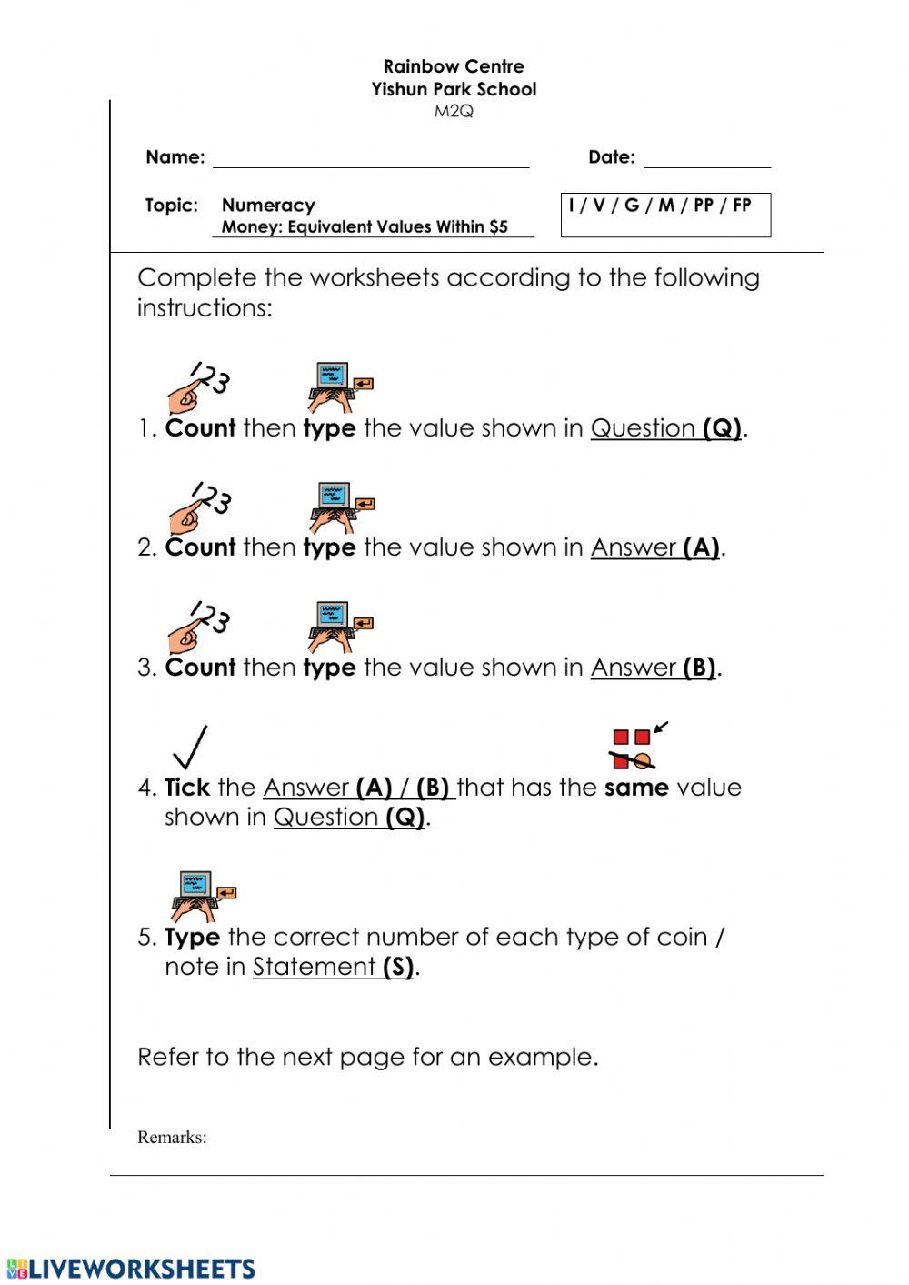 Money Type + Tick Worksheet - Equivalent Values Within -5