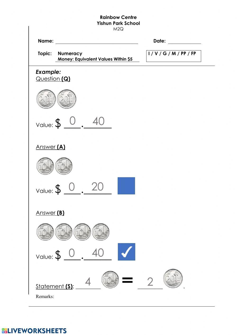Money Type + Tick Worksheet - Equivalent Values Within -5