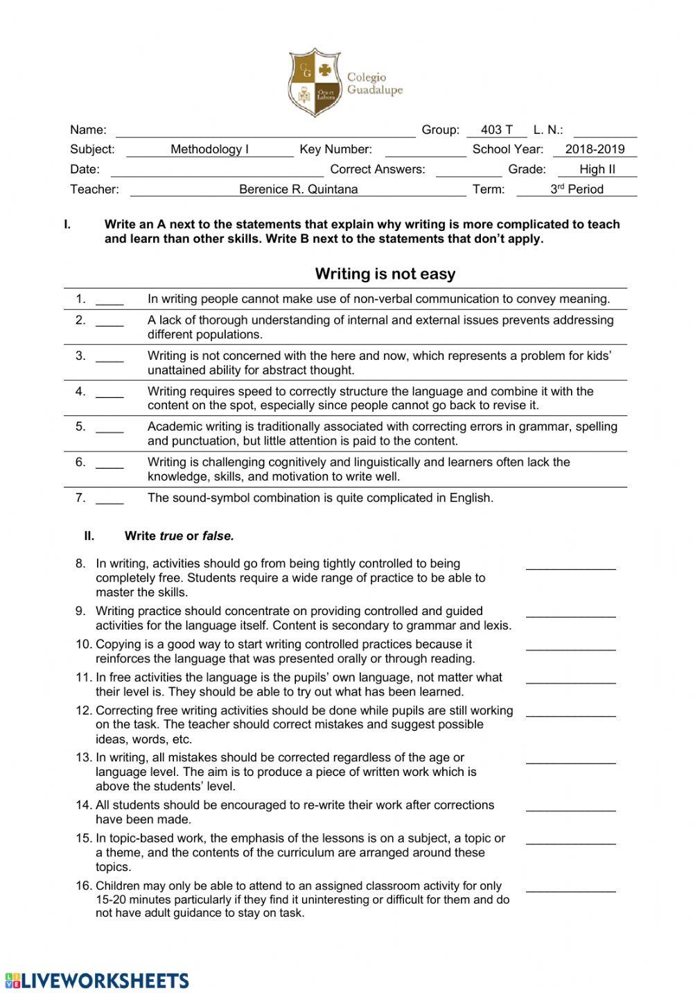 Teaching Methodology I Fourth Term Exam worksheet | Live Worksheets