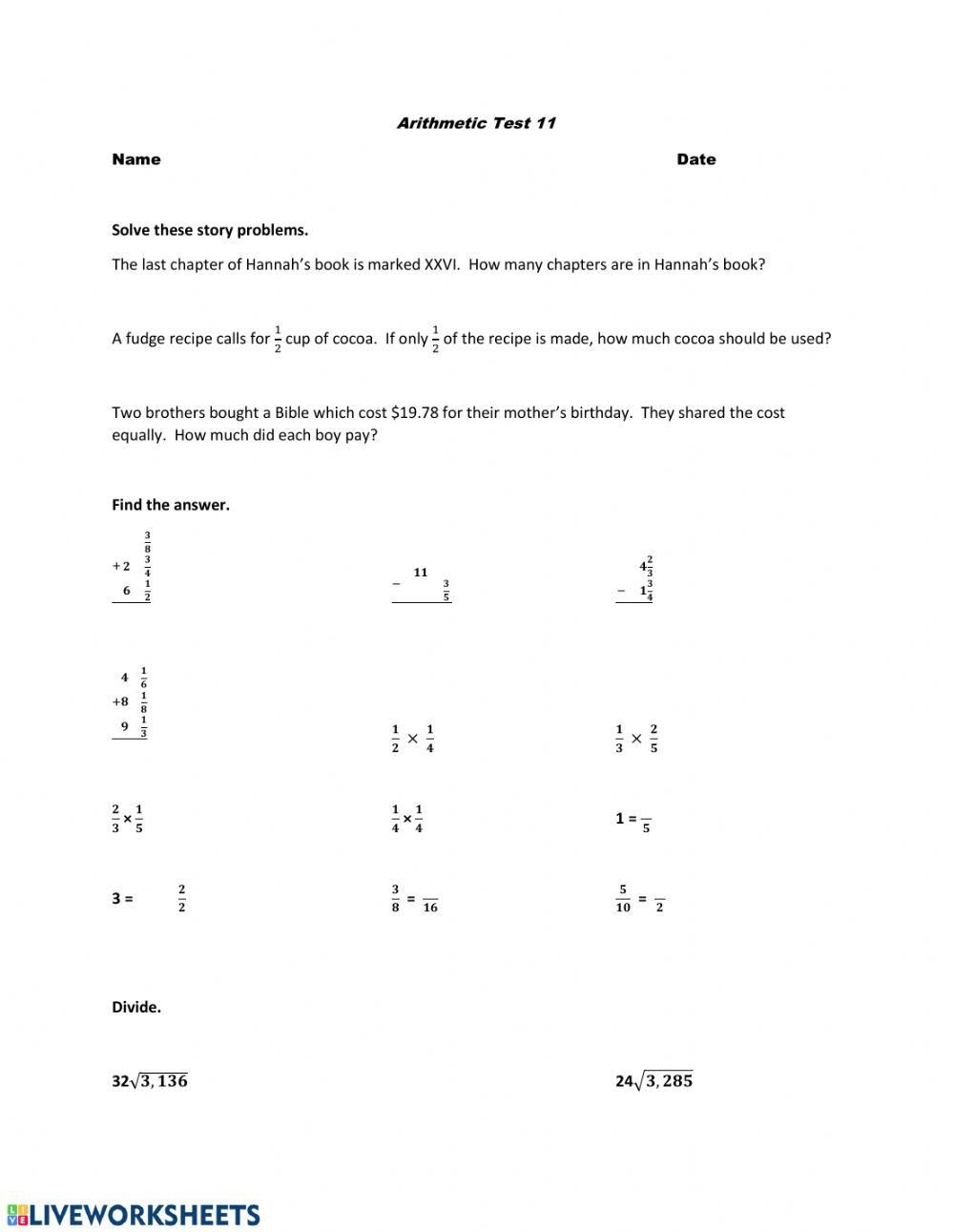 Arithmetic Test 11 162894 | dvcarroll | Live Worksheets