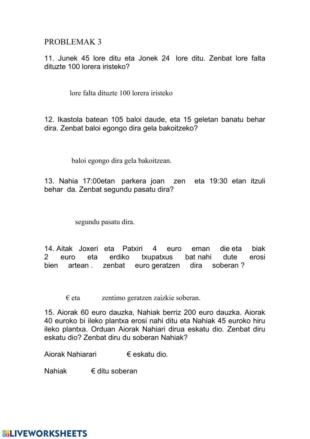 Problemak 3 | Free Interactive Worksheets | 163977