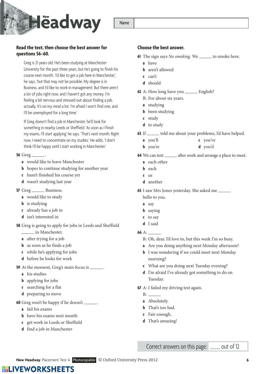 Headway Placeme… | Free Interactive Worksheets | 5602730