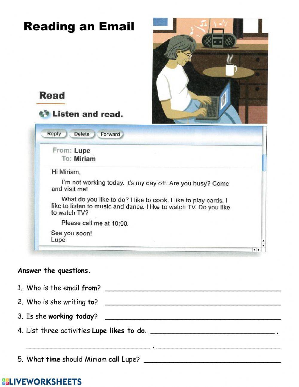 Reading an Email | Free Interactive Worksheets | 163223