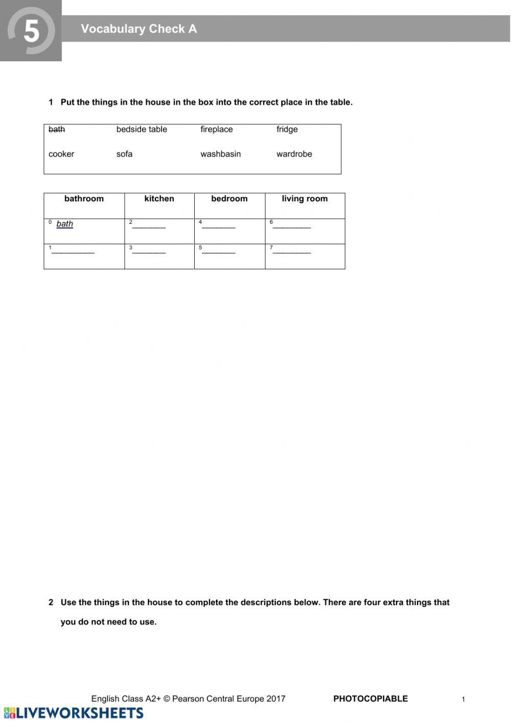 English Class A2+ unit 5 vocabulary house online exercise for | Live ...