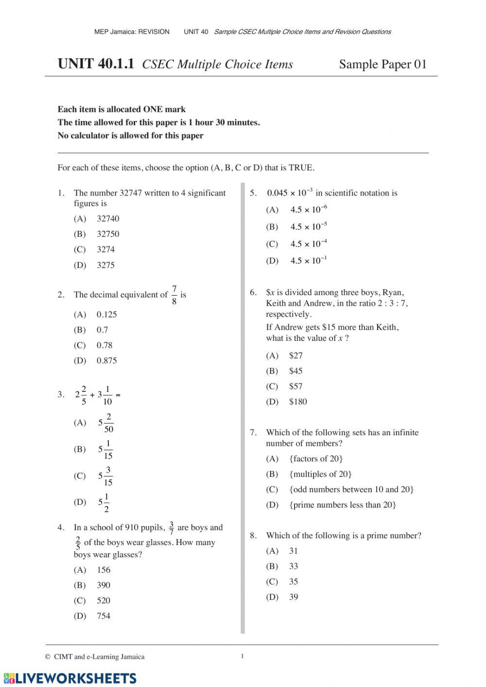 Platinum Csec Maths Online Exam online exercise for | Live Worksheets