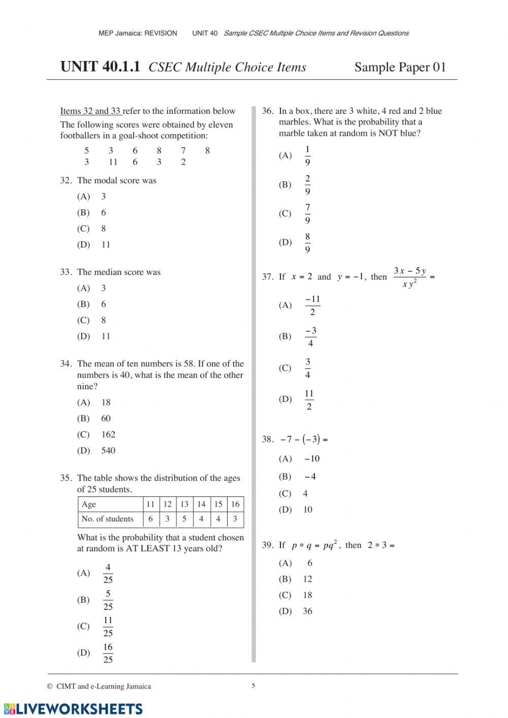 Platinum Csec Maths Online Exam online exercise for | Live Worksheets