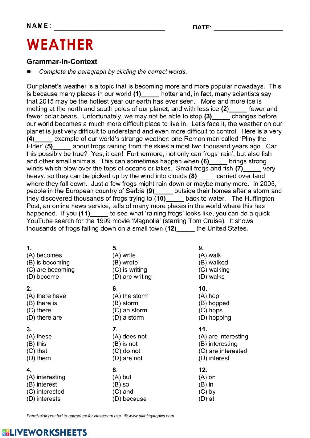 Weather - Grammar in context online exercise for | Live Worksheets