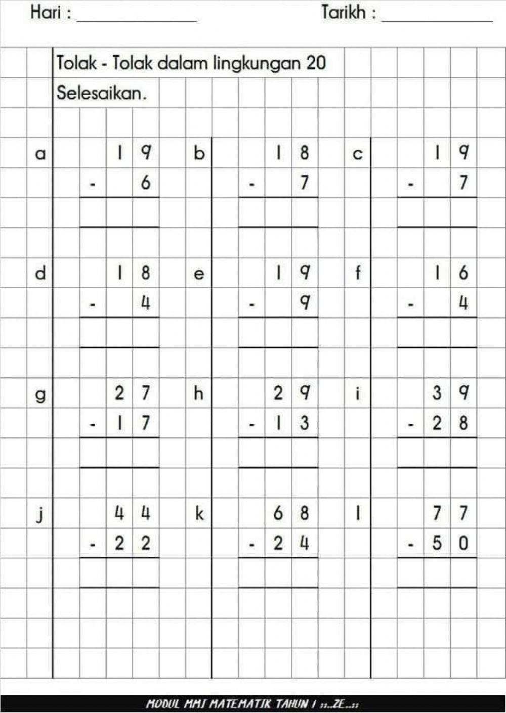 Operasi Tolak Dalam Lingkungan 20 interactive worksheet | Live Worksheets