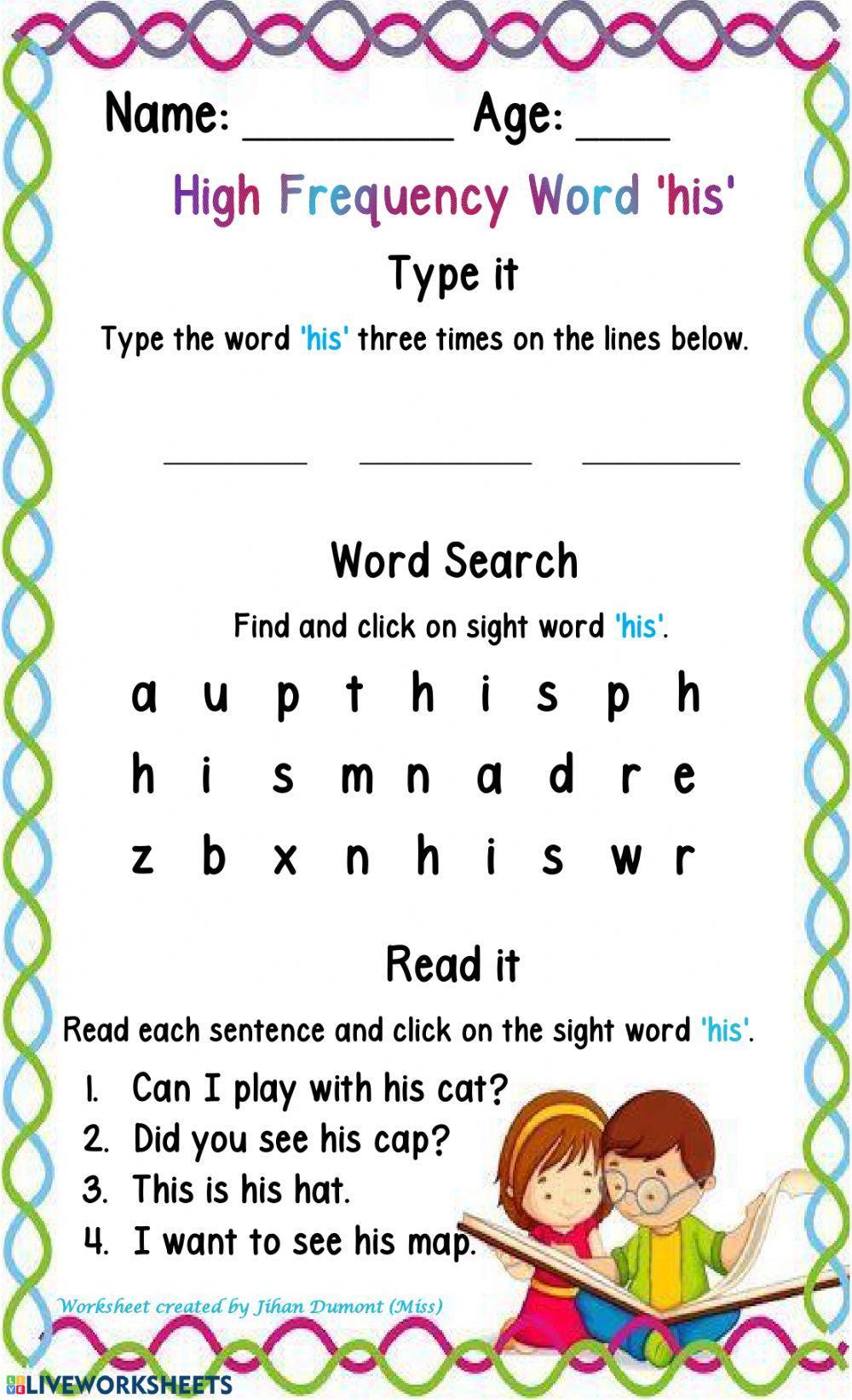 High Frequency Word 'his' worksheet | Live Worksheets