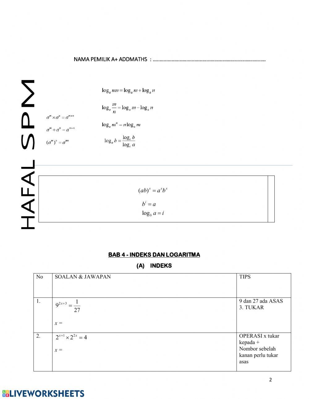 INDEKS DAN LOGARITMA online exercise for | Live Worksheets