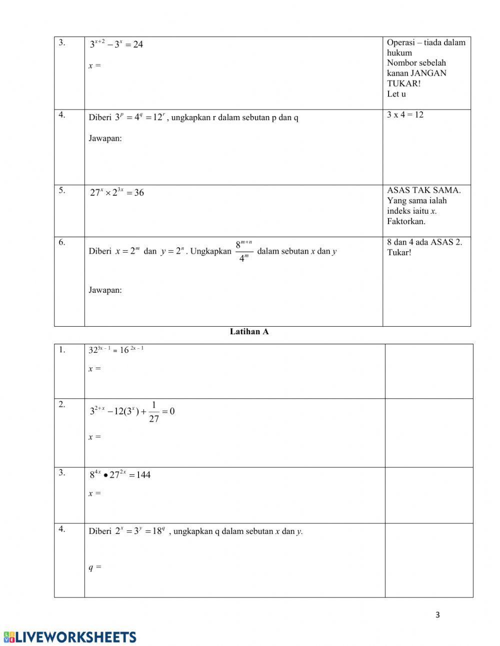 INDEKS DAN LOGARITMA online exercise for | Live Worksheets