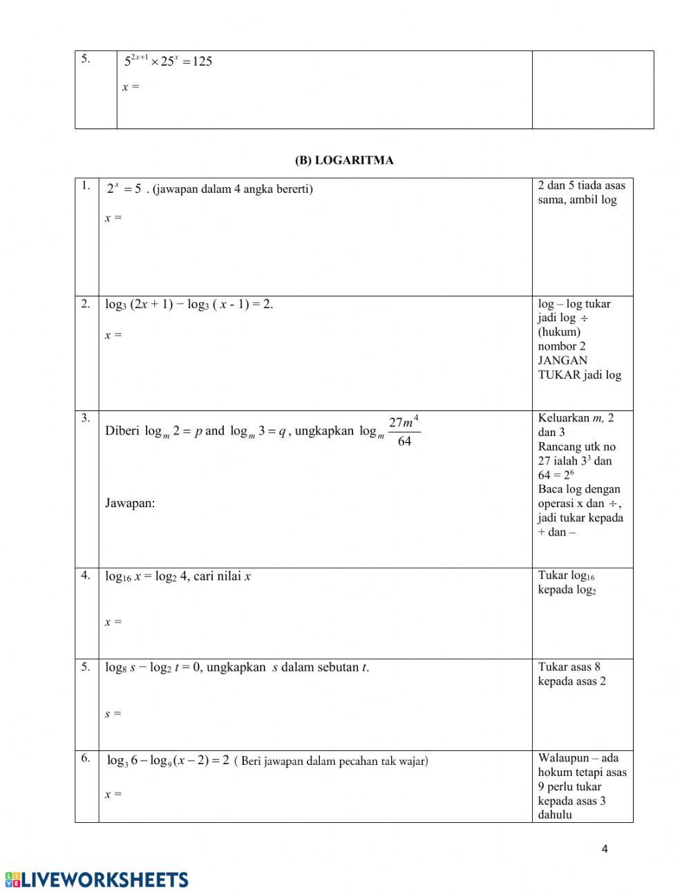 INDEKS DAN LOGARITMA 5611209 | norshah | LiveWorksheets