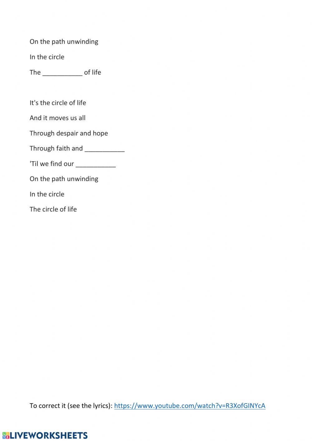Circle of life - Song fill-in the gaps worksheet | Live Worksheets