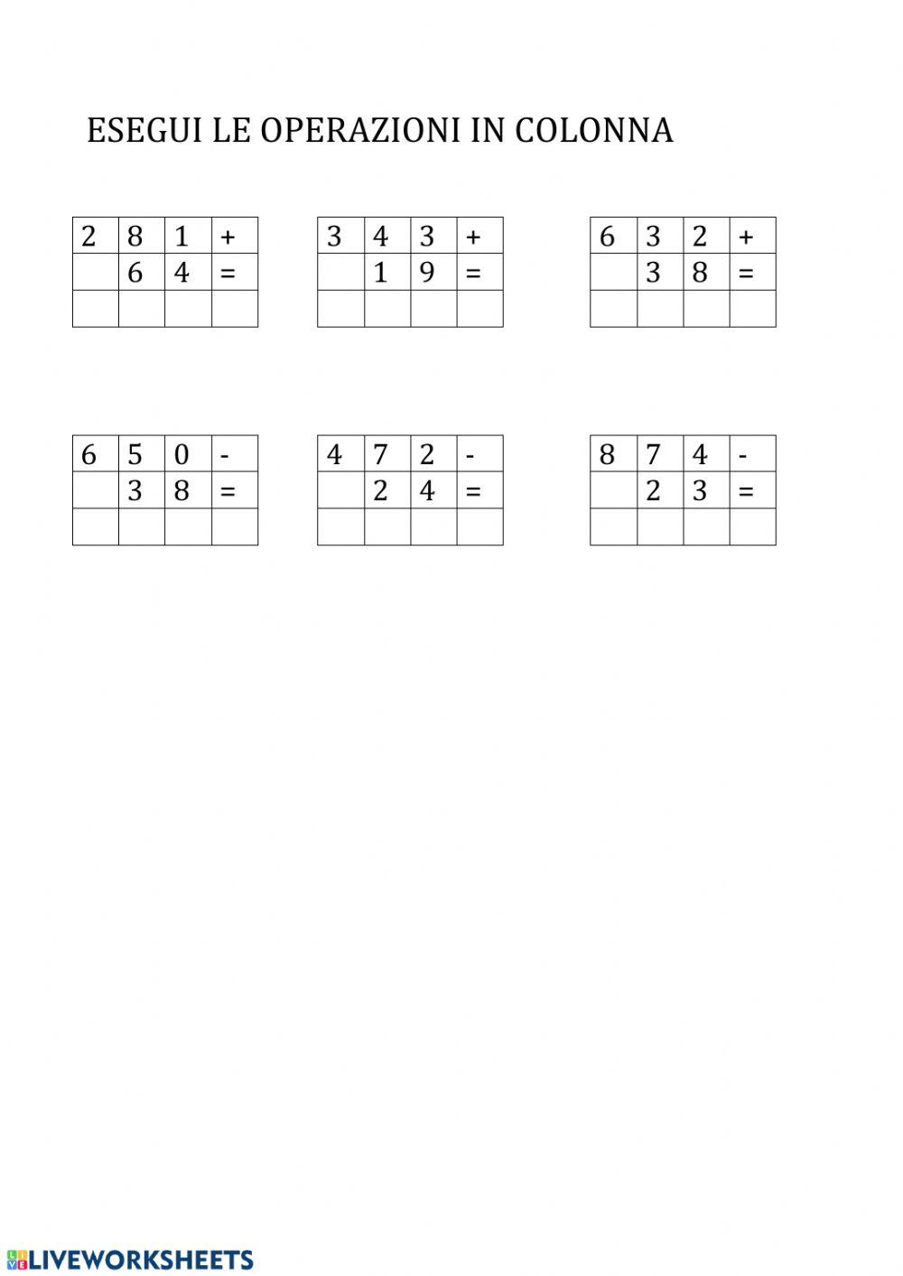 Operazioni worksheet for facile | Live Worksheets