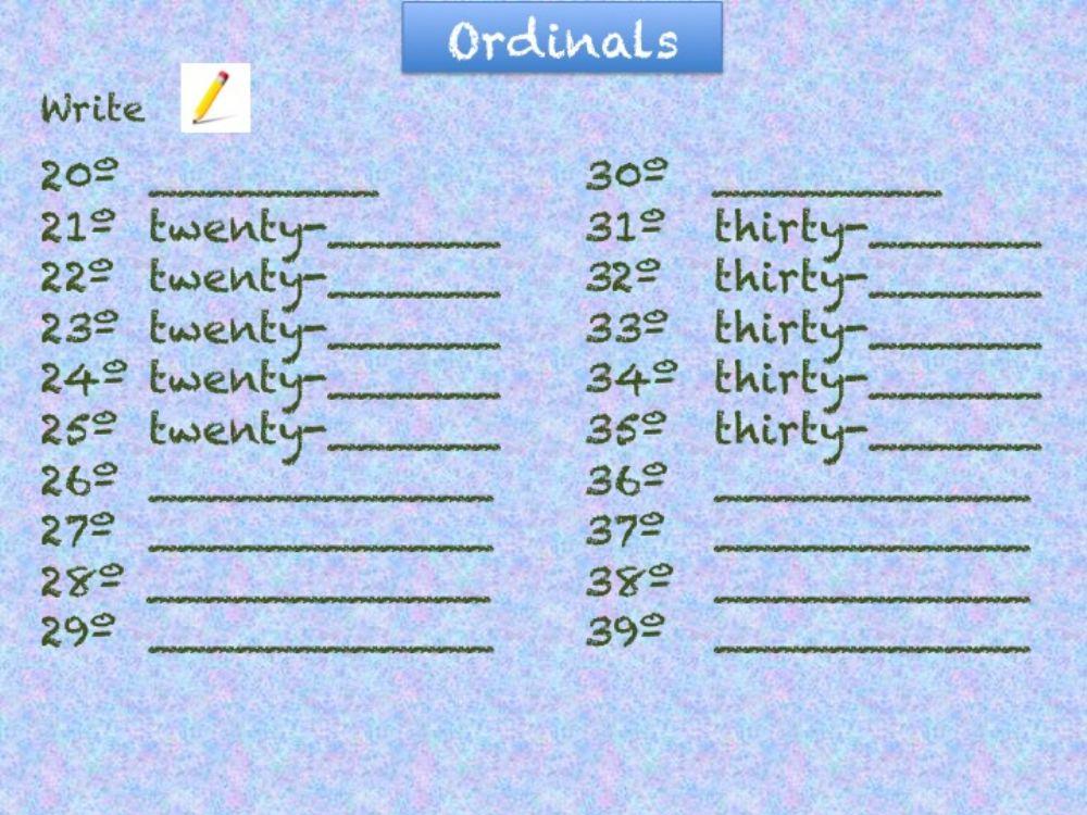 Ordinals 20-39 Writing worksheet | Live Worksheets