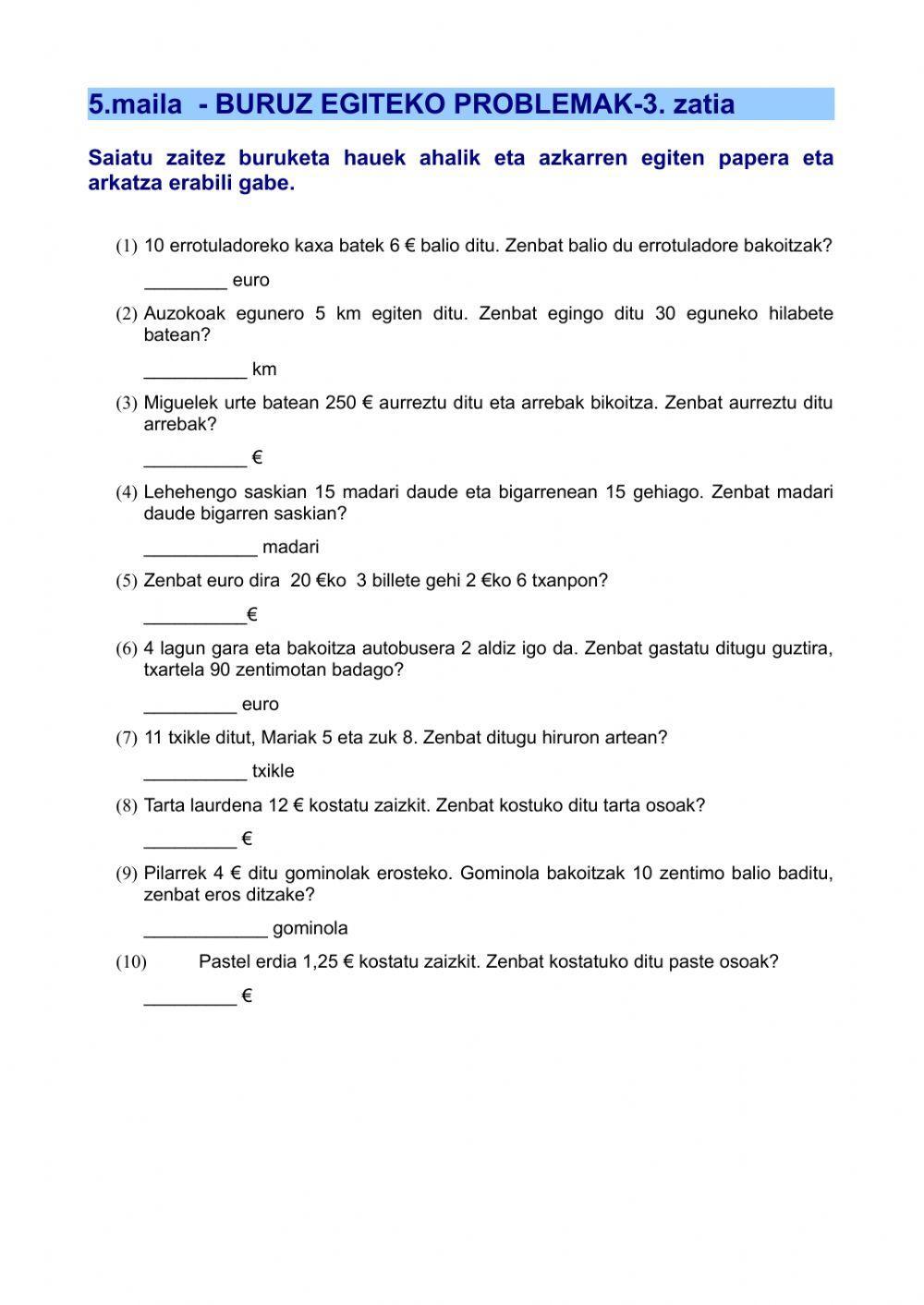 Buruz egiteko problemak 3 worksheet | Live Worksheets