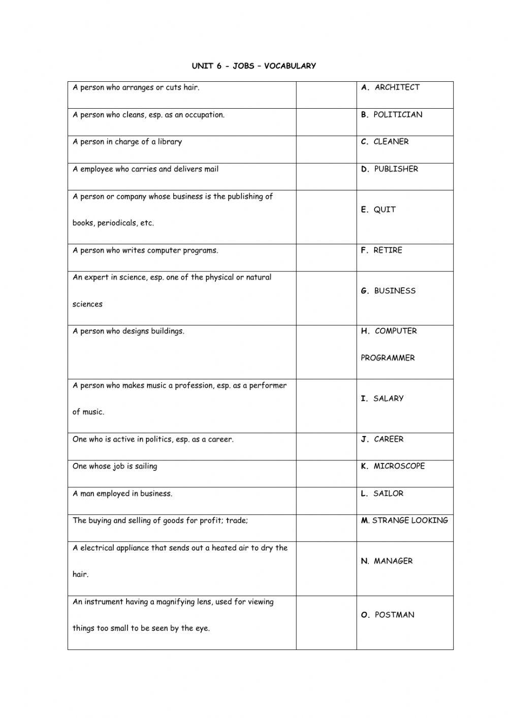 Jobs vocabulary 6th grade worksheet | Live Worksheets