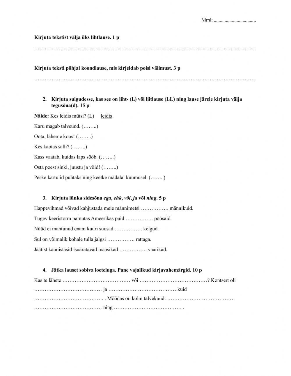 Kontrolltöö nr 7 activity | Live Worksheets