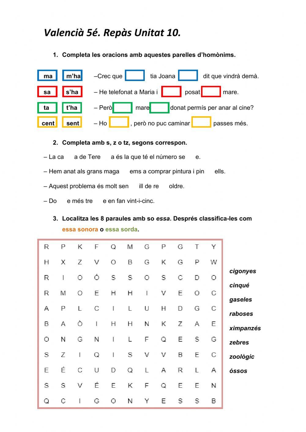 Valencià 5é. Re… | Free Interactive Worksheets | 172244