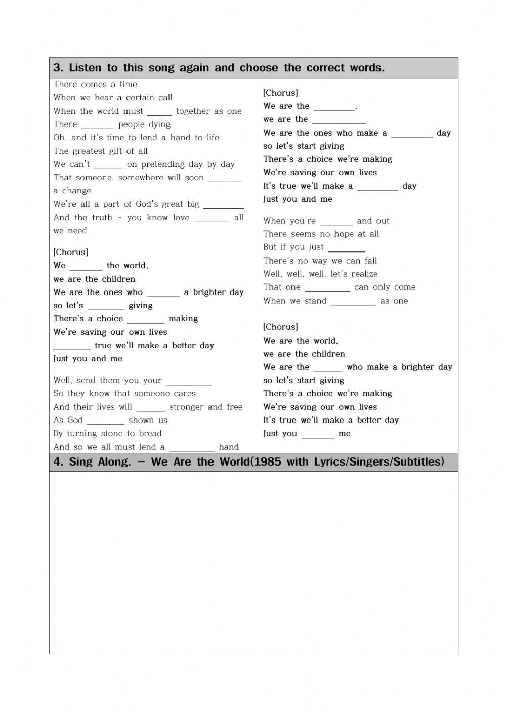 We are the World(special lesson) online exercise for | Live Worksheets