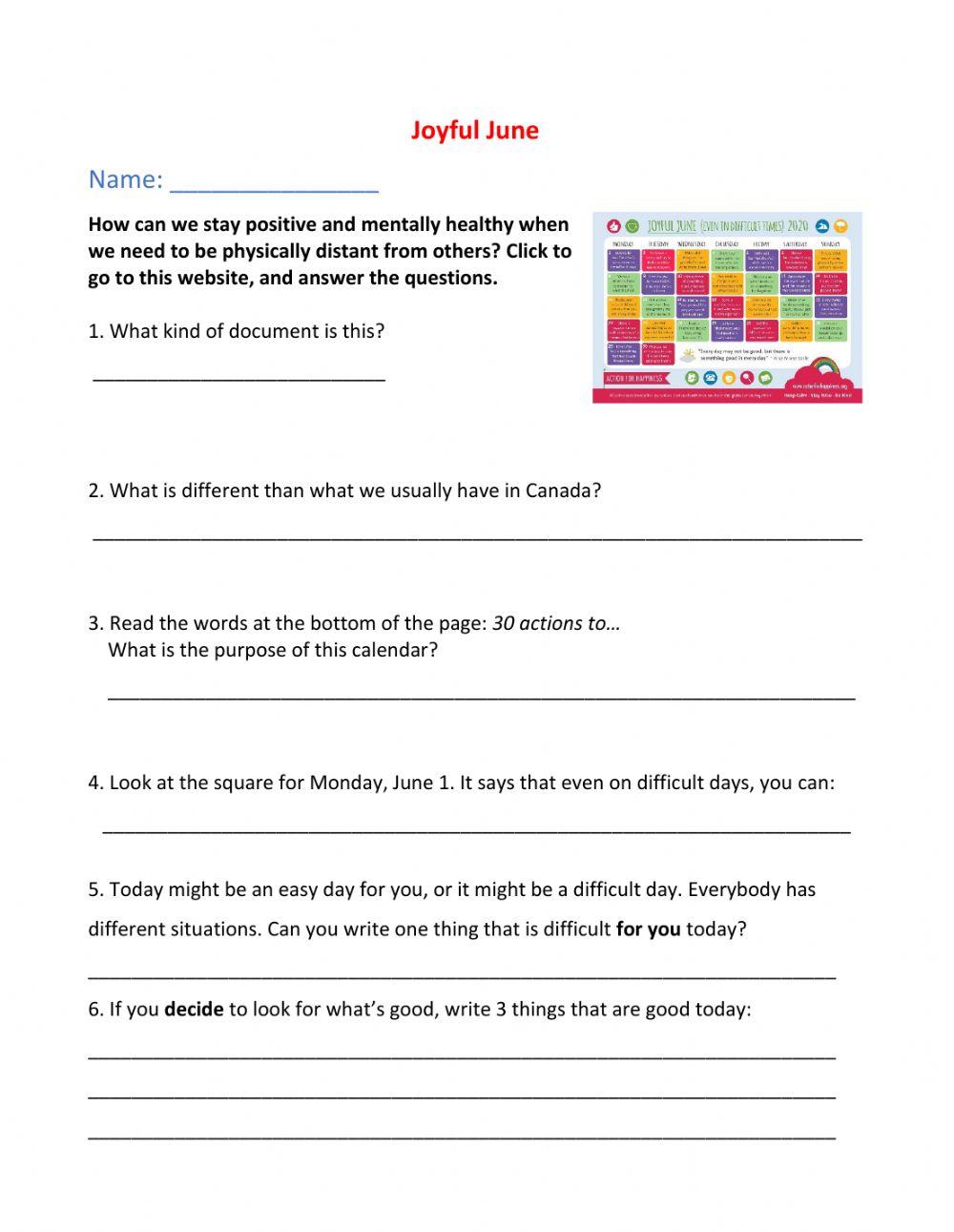 Joyful June worksheet | Live Worksheets