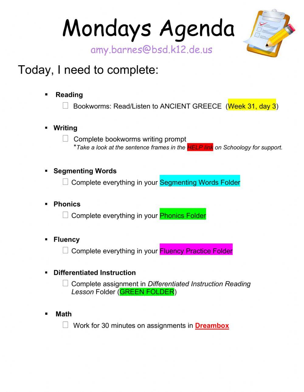 Monday's Agenda online activity for grade 3 | Live Worksheets