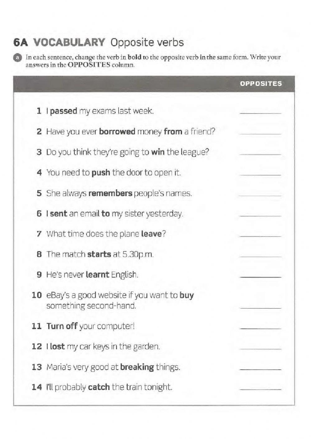 Opposite Verbs (NEF, A2) online exercise for | Live Worksheets