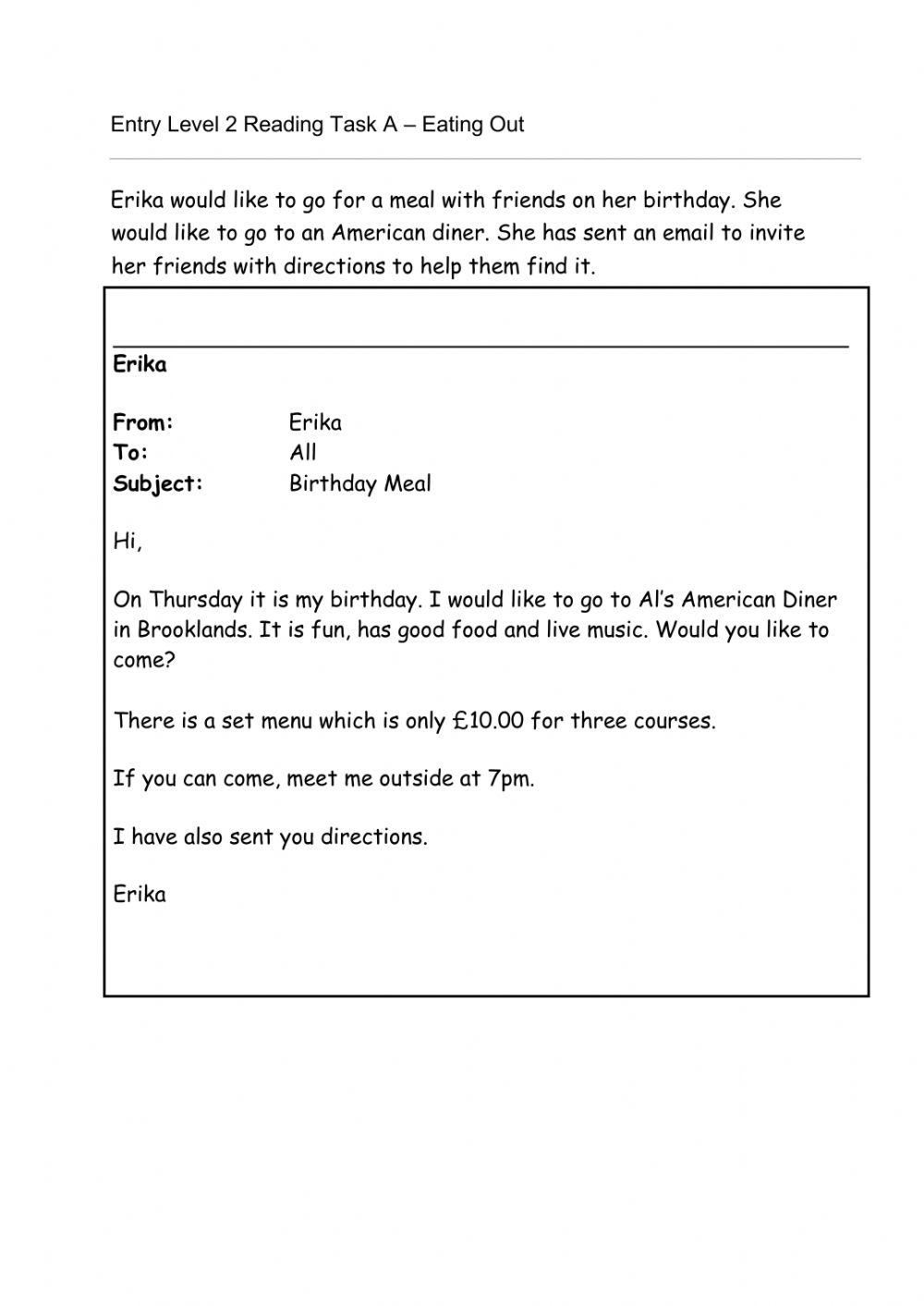 Entry 2 Reading Task A - Eating out online exercise for | Live Worksheets