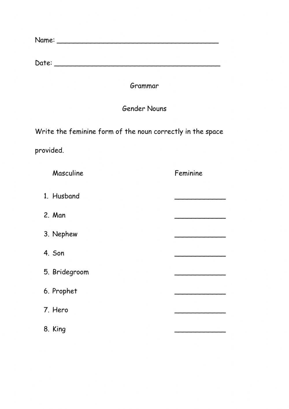 Masculine And Feminine Gender Nouns Worksheet Live 45 Off