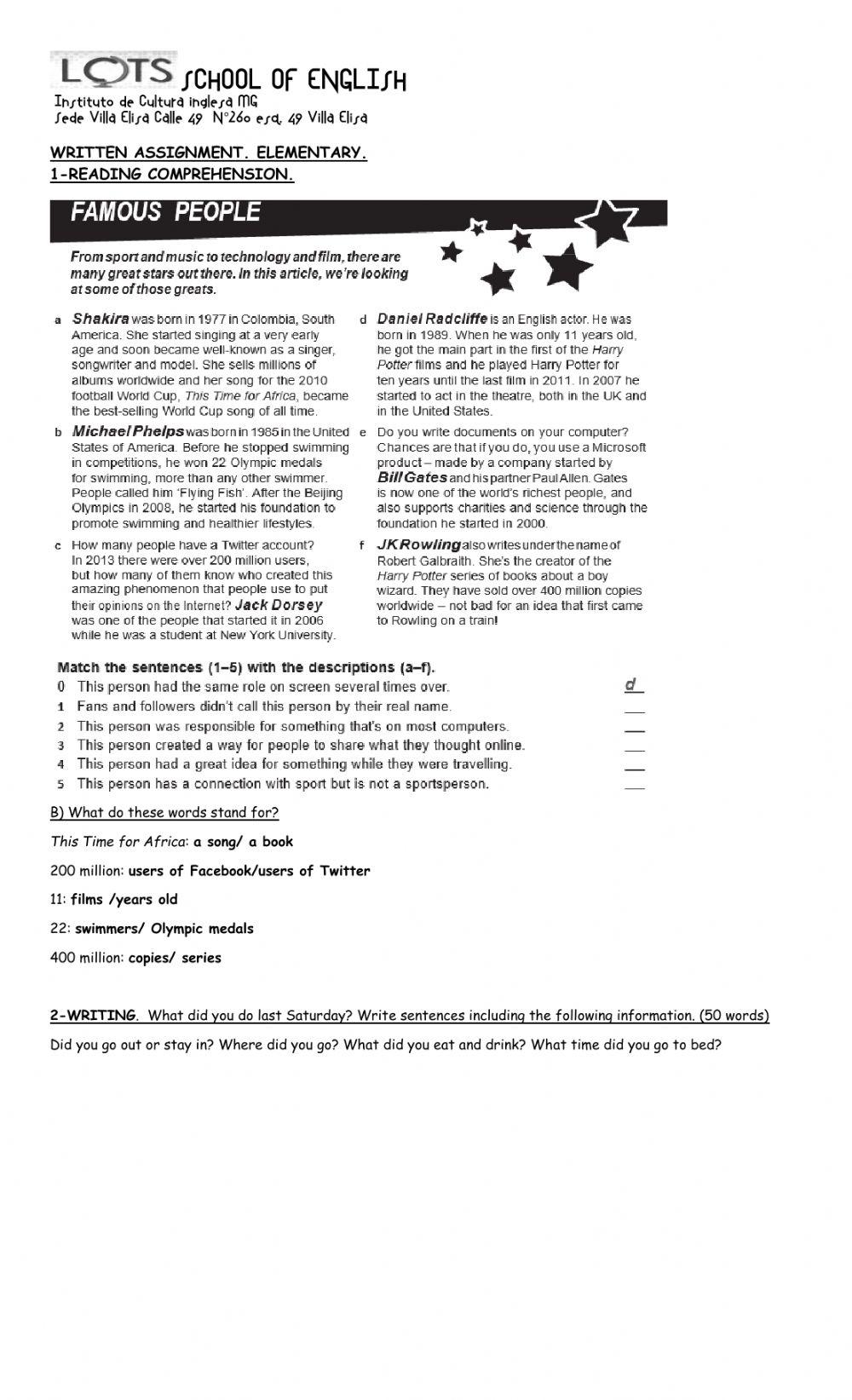 Elementary - Assignment worksheet | Live Worksheets