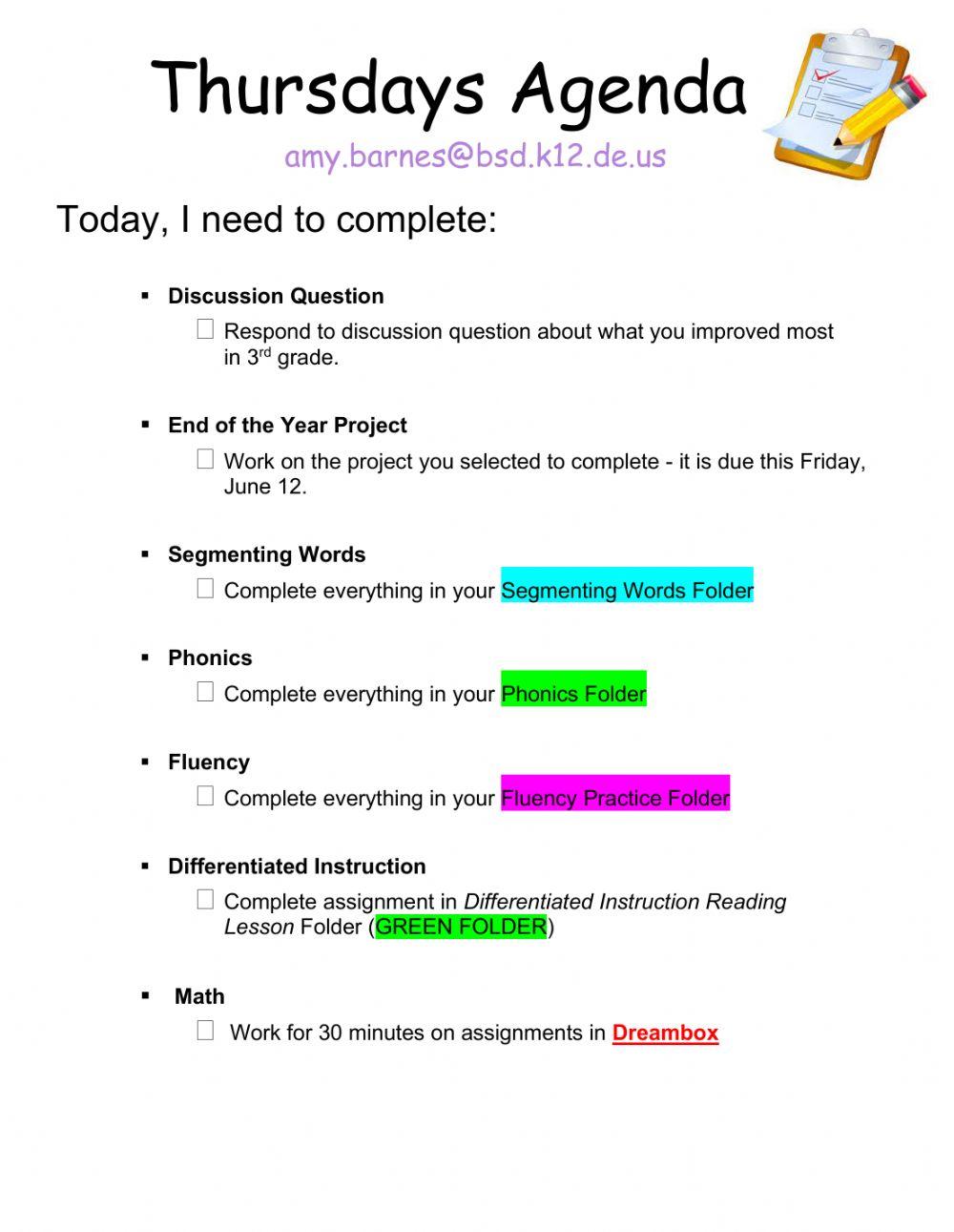 Thursday's Agenda interactive worksheet for GRADE 3 | Live Worksheets