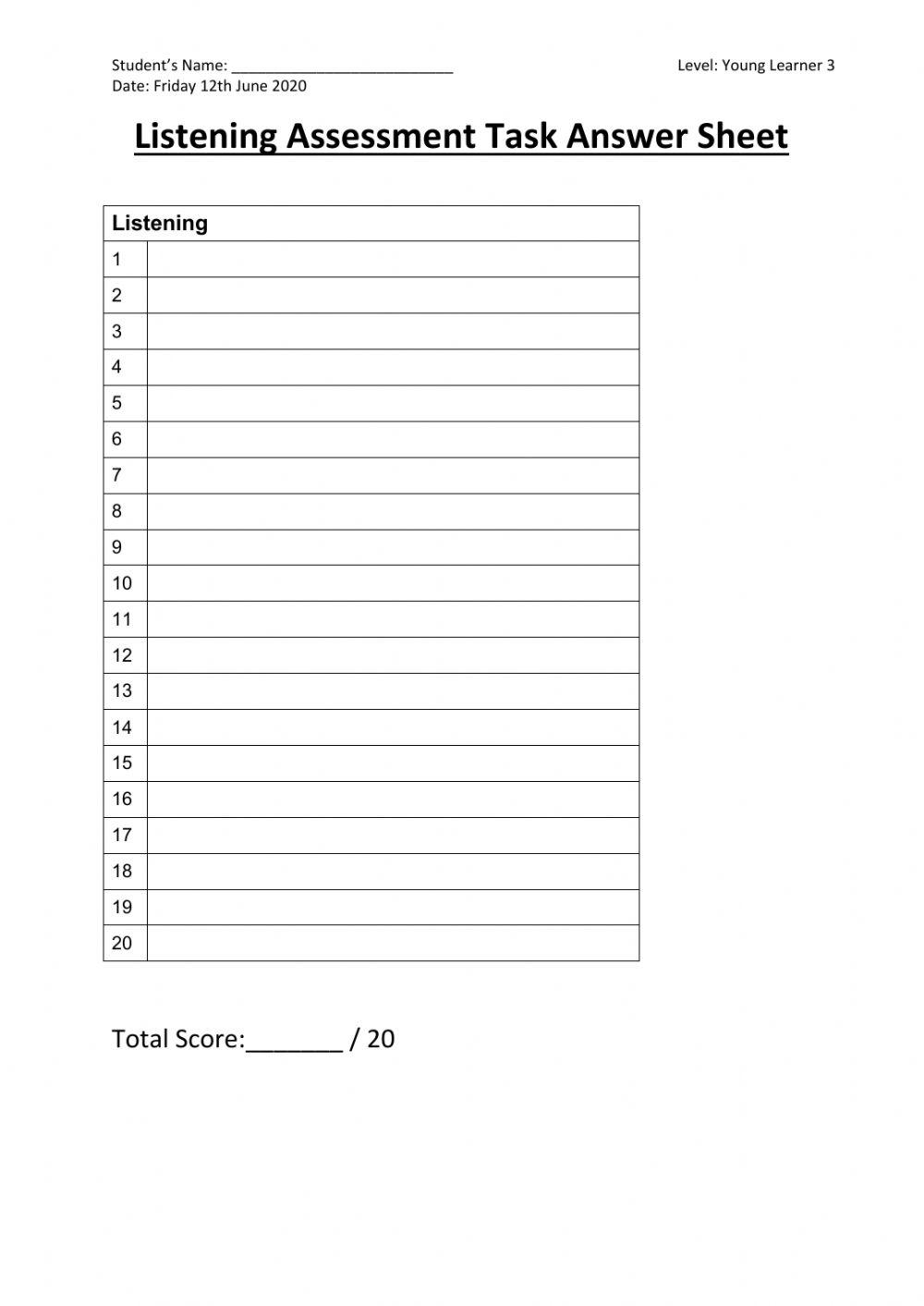 Listening anwer sheet worksheet | Live Worksheets