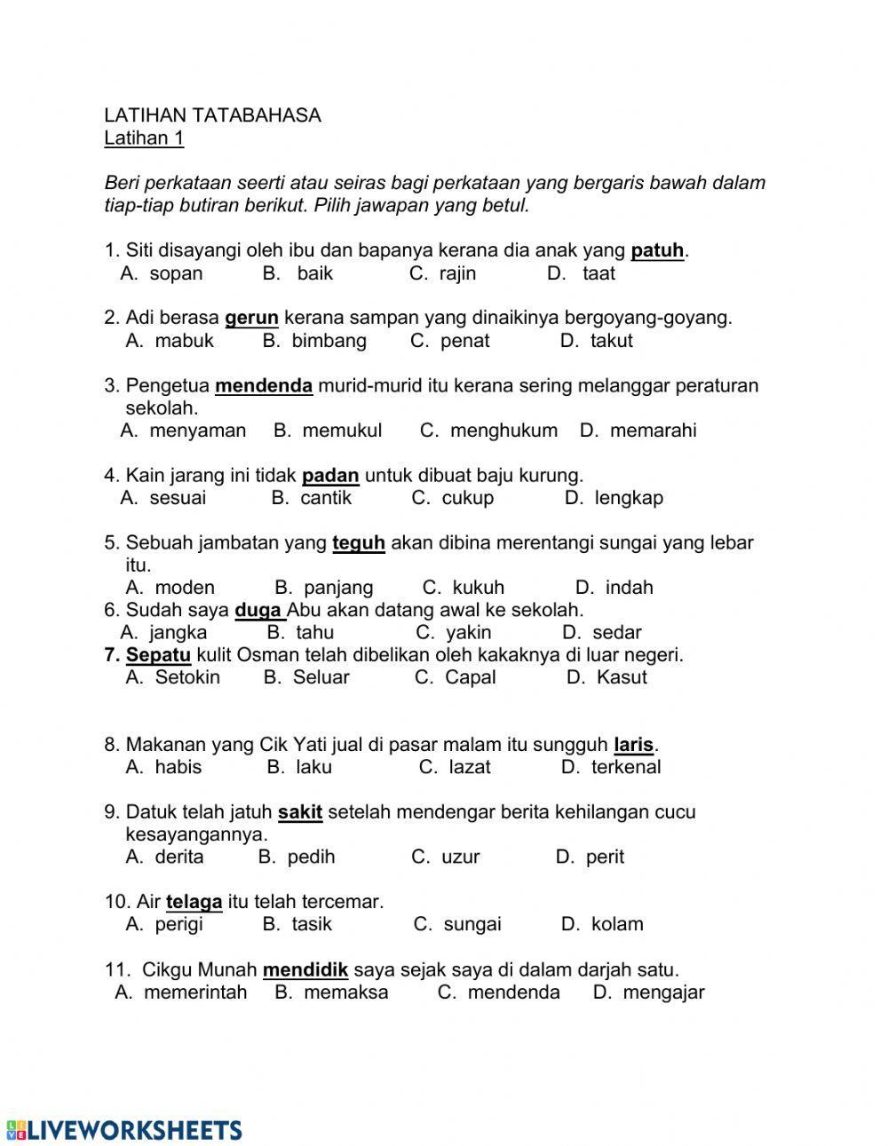 Latihan kata seerti worksheet | Live Worksheets