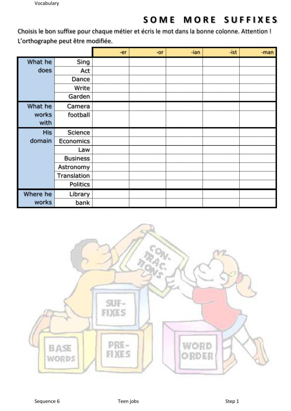 Vocabulary suffixes teen jobs worksheet | Live Worksheets
