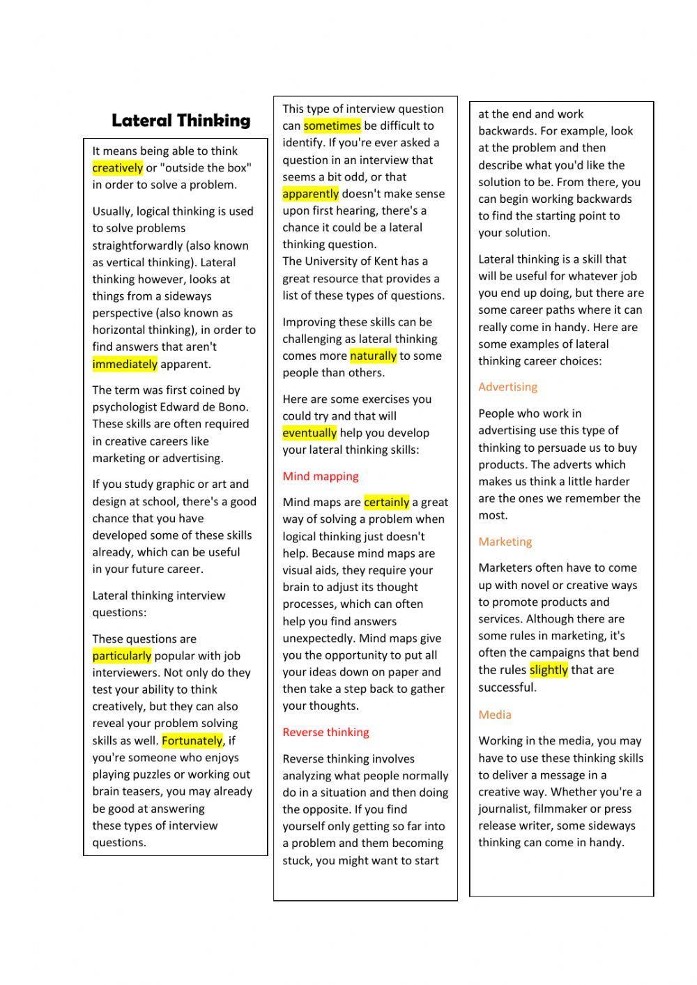 Lateral thinking | Free Interactive Worksheets | 269904