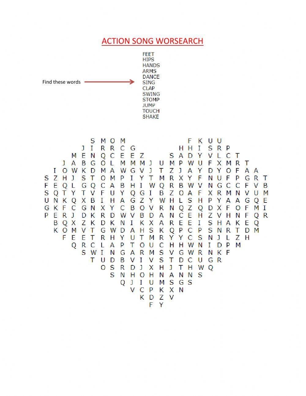 Action Song wordsearch worksheet | Live Worksheets