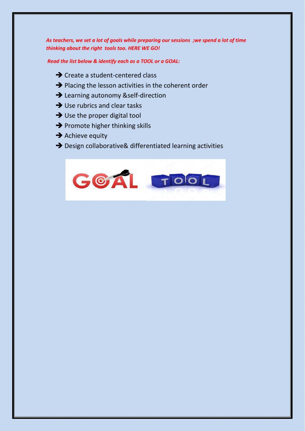Tools vs goals in teaching worksheet | Live Worksheets