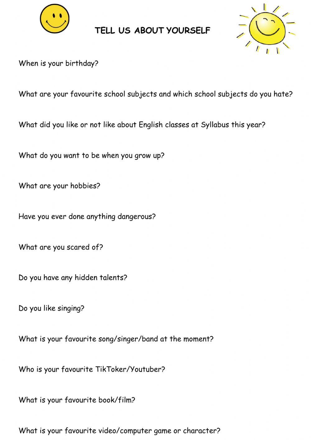 TELL US ABOUT YOURSELF QUESTIONNAIRE for Kids online exercise for ...