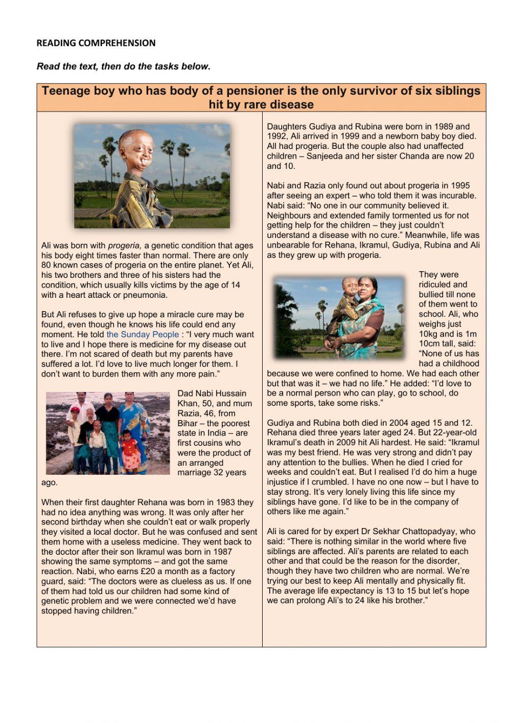 Reading about the teenage boy worksheet | Live Worksheets