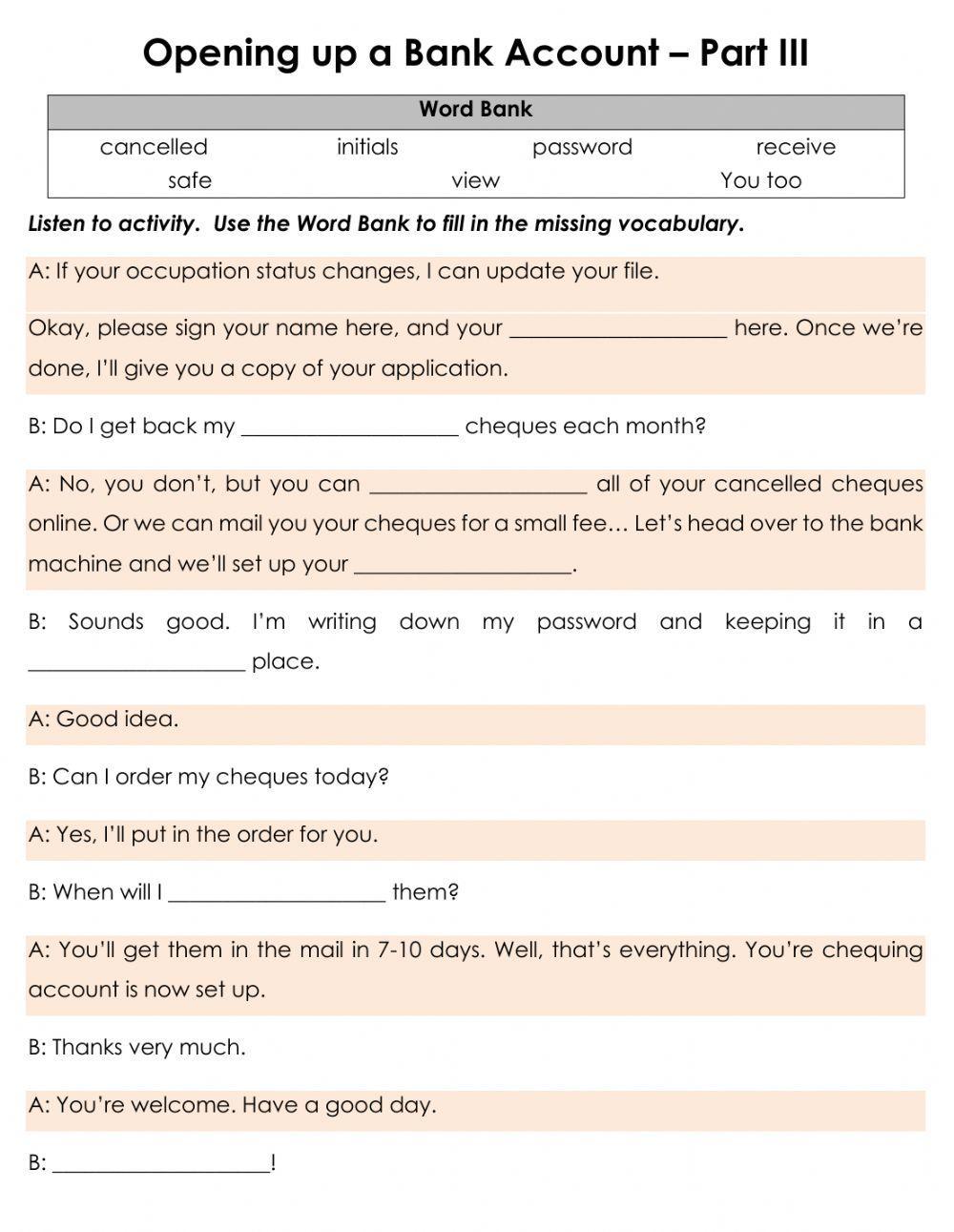 Opening up a Ba… | Free Interactive Worksheets | 275110