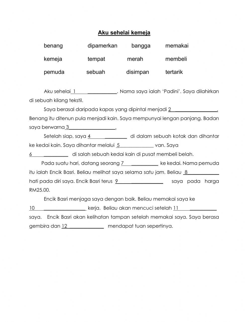 Aku Sehelai Kemeja worksheet | Live Worksheets