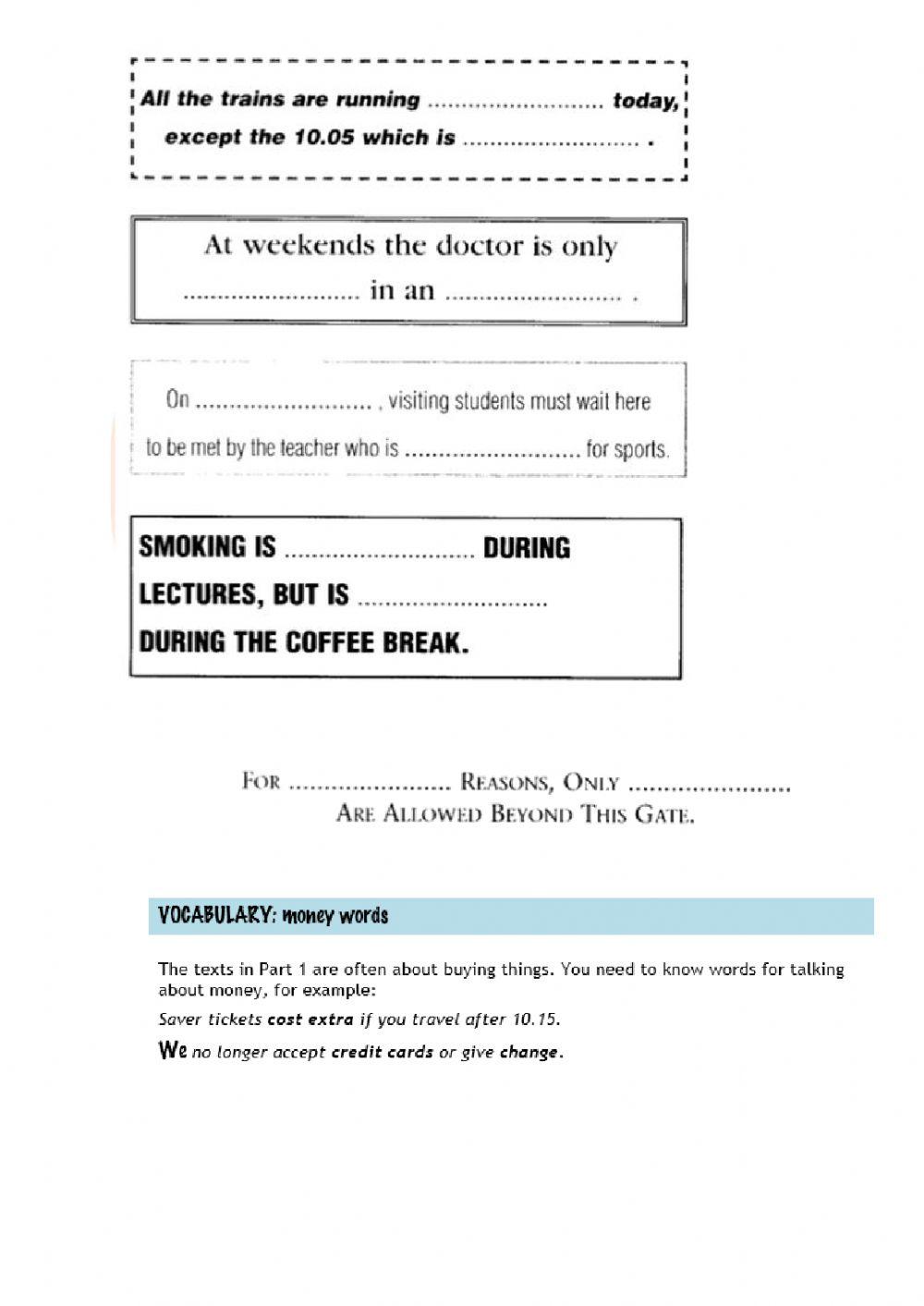 PET Reading Part 1 Language Practice worksheet | Live Worksheets