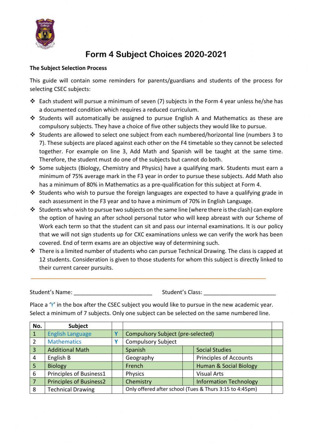 279297 | NGC Form 4 CXC CSEC Subject Selection | Yolande