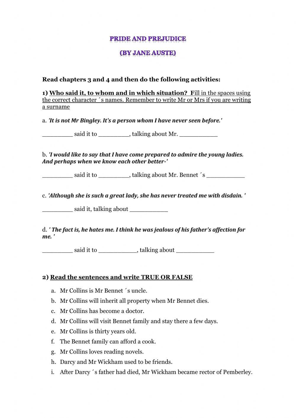 Pride and Prejudice activity | Live Worksheets