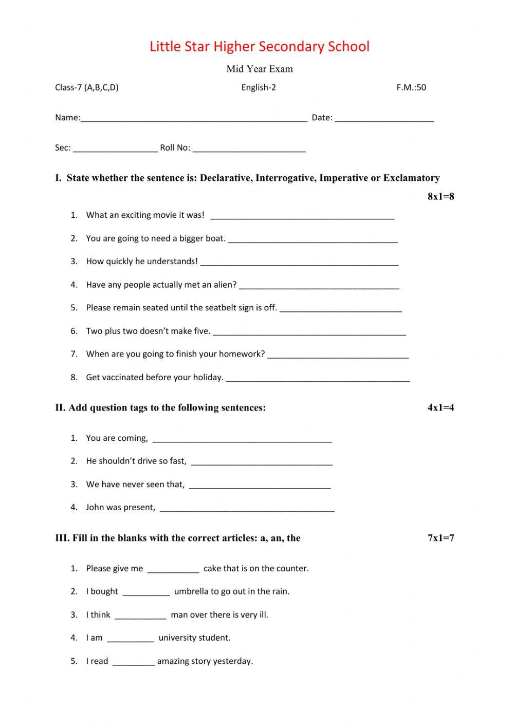 English-2 Class… | Free Interactive Worksheets | 279907